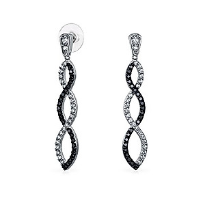 Black White Cubic Zirconia Pave Long Romantic Infinity Twist Drop Earrings For Women Prom Cocktail Party CZ Silver Plated Brass