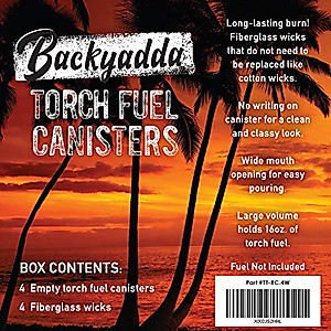 Backyadda Torch Replacement Canisters (16 oz). Compatible with Tiki Brands (Bamboo and Most Metal Styles). Easy Fill Opening. 4-Pack (Standard Metal)