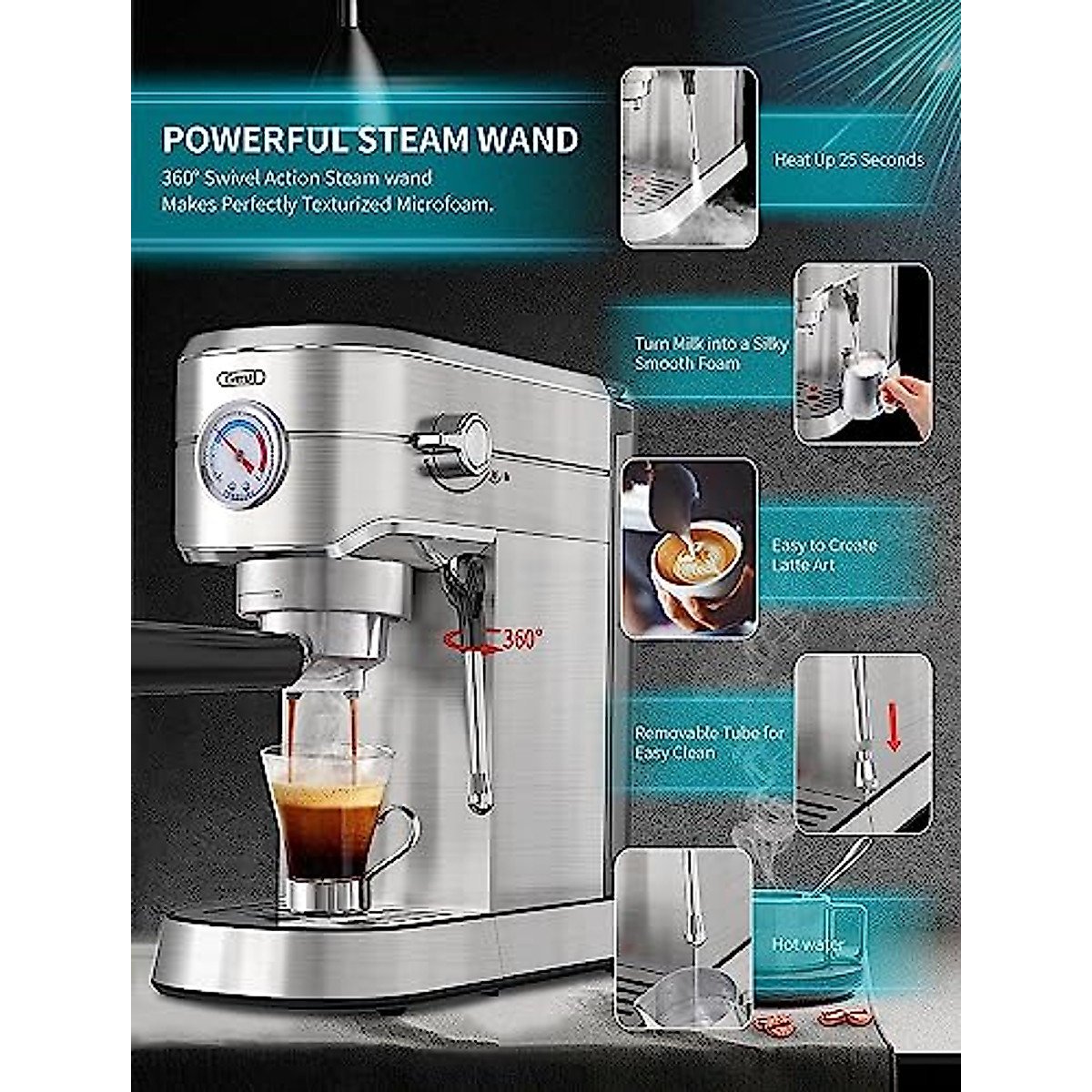 Gevi 20 Bar Compact Professional Espresso Coffee Machine with Milk Frother/Steam Wand for Espresso, Latte and Cappuccino, Stainless Steel, 35 Oz Removable Water Tank