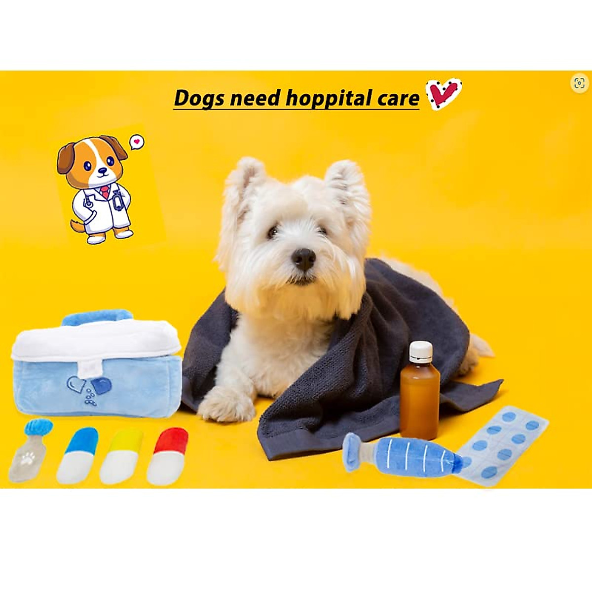 wowmolly Medicine Box Design Plush Chew Dog Toys Including Syringe 3 Pills Tablet Pill Potion Bottle Squeaky Interactive Custom Stuff Pet Toy for Small, Medium Dogs