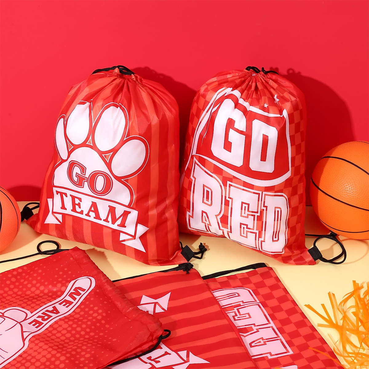 Paterr 12 Pack Team Spirit Drawstring Backpack Bags with We Are #1 Finger Gesture Polyester Red Drawstring Bag Bulk for Gym Sport Spirit Items Cheerleading Party Favors, 16.54 x 13.39 Inch