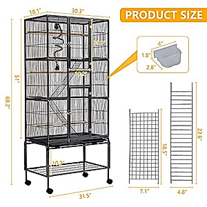 Kinbor Bird Cage with Stand 69 Inch Wrought Iron Large Bird Cage with Climbing Rope for Mid-Sized Parrots Lovebird Cockatiel Doves and Other Small to Medium Parrots