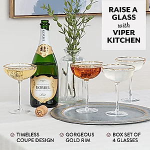 Viper Kitchen Champagne Coupe Glasses Set of 4 - Cocktail Glassware with Art Deco Gold Rim for Vintage Martini, Manhattan, or Daiquiri - Speakeasy Style Glass 5 oz