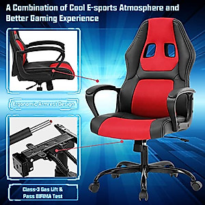 Gaming Chair PC Computer Chair Office Chair for Adult Teen Kids, Ergonomic PU Leather Gamer Chair with Lumbar Support High Back Adjustable Rolling Swivel Desk Chair, Red
