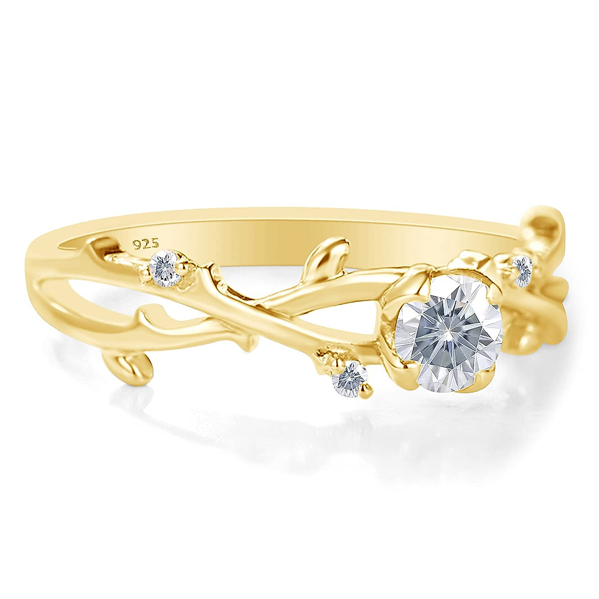 SAVEARTH DIAMONDS Twisted Leaf Design, 1/2 Carat Center Round Cut Moissanite Lab Created Diamond Solitaire Engagement Promise Ring In 14k Yellow Gold Over Sterling Silver (0.55 Cttw) Size-8