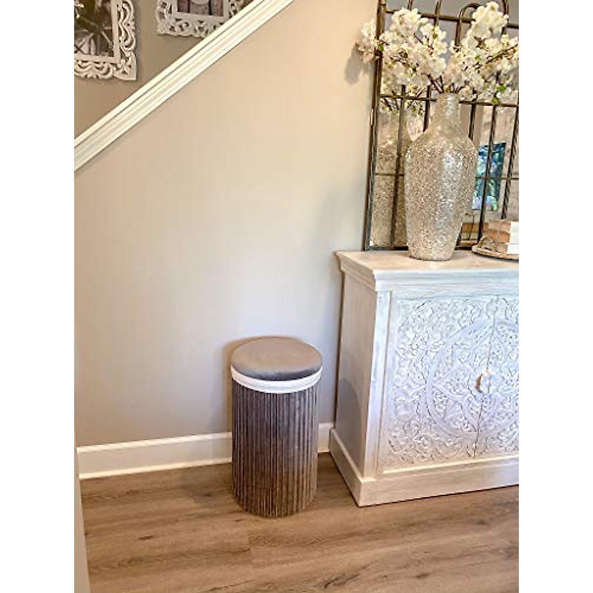 Inspire Me! Home Décor Lydia Round, Pleated Pewter Grey Soft Velvet Removable Washable Bag, 14 Dia x 24 in, Gorgeous and Classy Laundry or Storage Hamper