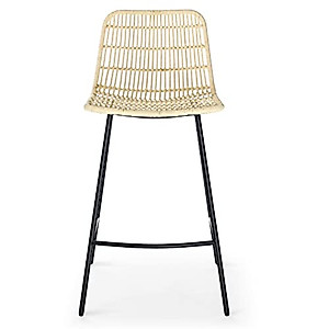 ECLYL Natural Rattan Counter Stool 25" Counter Height Bar Stools Rattan Bar Stools Indoor Stools Rattan Counter Stools Set of 2 Black Finish Steel Legs Woven Bar Stool 17.5" Wx20 Dx34 H (Natural)