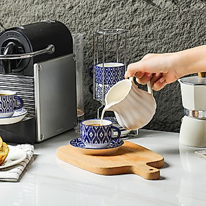 Selamica Ceramic Espresso Cups with Saucers and Metal Stand, 2.5 OZ Stackable Demitasse Cups for Espresso Latte Café Mocha Tea, Set of 4, Vintage Blue