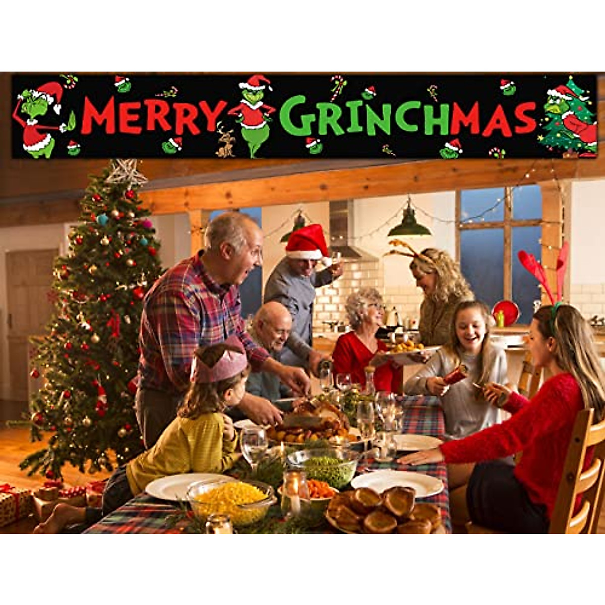 Huras Large Merry Grinchmas Sign Banner Grinch Theme Christmas Banner Christmas Party Supplies Decorations Black Xmas Holiday New Year Party Supplies Christmas Yard Sign Banner - 9.8 X 1.6 FT