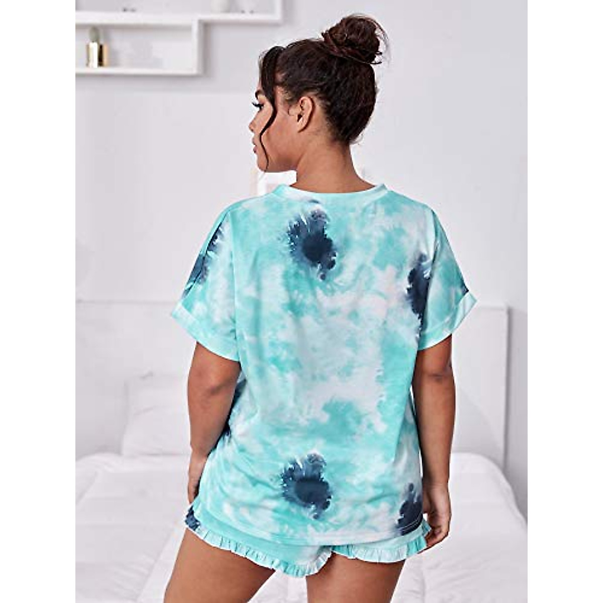MakeMeChic Women Plus Size 2 Piece Pajamas Sets Tie Dye Short Sleeve Top & Shorts Loungewear Sleepwear Blue X-Large