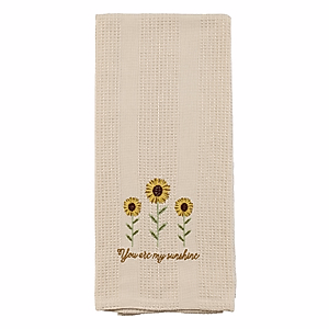 Cream You Are My Sunshine Sunflower 19 x 28 Inch Embroidered Cotton Waffle Dish Towel