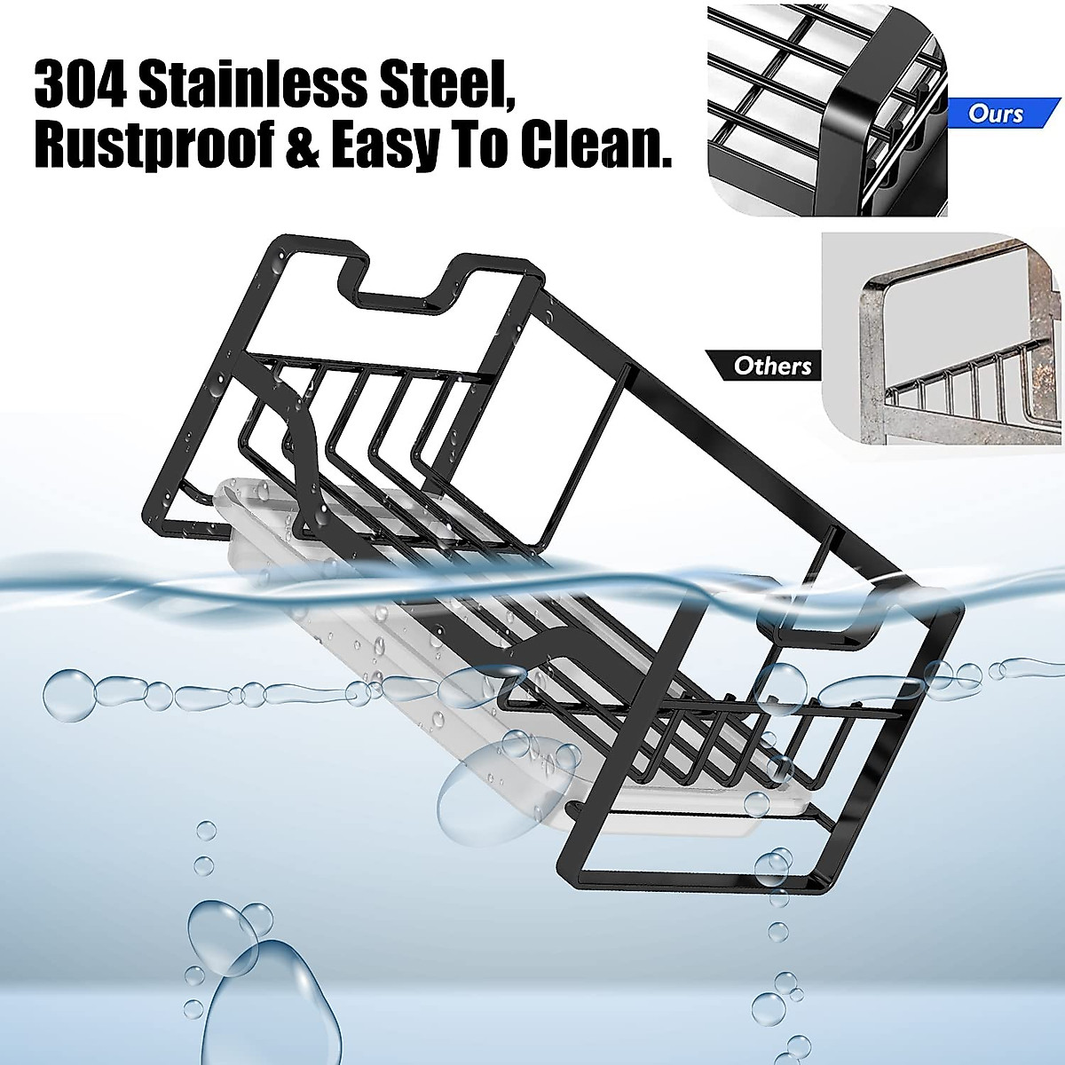 Dish Sponge Holder for Kitchen Sink, Black Kitchen Sink Organizer Dish Racks, Stainless Steel Kitchen Sink Caddy for Countertop, Brush Kitchen Sink Sponge Holder Storage with Drain Tray