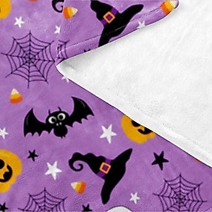 Halloween Throw Blanket for Couch and Bed Spider Webs Witch's Hat Black Bats and Decorated Pumpkins Print on Soft Blanket for Kids and Adult
