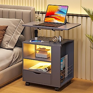 HNEBC LED Nightstand with Wireless Charging Station,Grey Nightstand Has Adjustable Rotary Table,Bedside Tables with One Drawer and 2 Mezzanines/Infrared Induction 3 Color Lighting (On The Right)