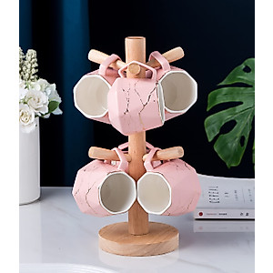 Jusalpha 7PC Deluxe Golden Marble Porcelain Coffee Mug Set with Wooden Mug Tree Holder, TCS28 (Pink)