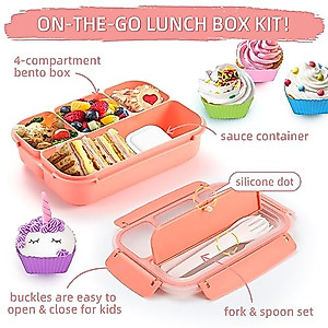 QQKO Bento Lunch Box for Adult Men Women, Toddler Kids Lunch Boxes for School Girls Boys, Lunch Containers for Adults Kids with 4 Compartments, Sauce Container, Utensils and Muffin Cups, Pink