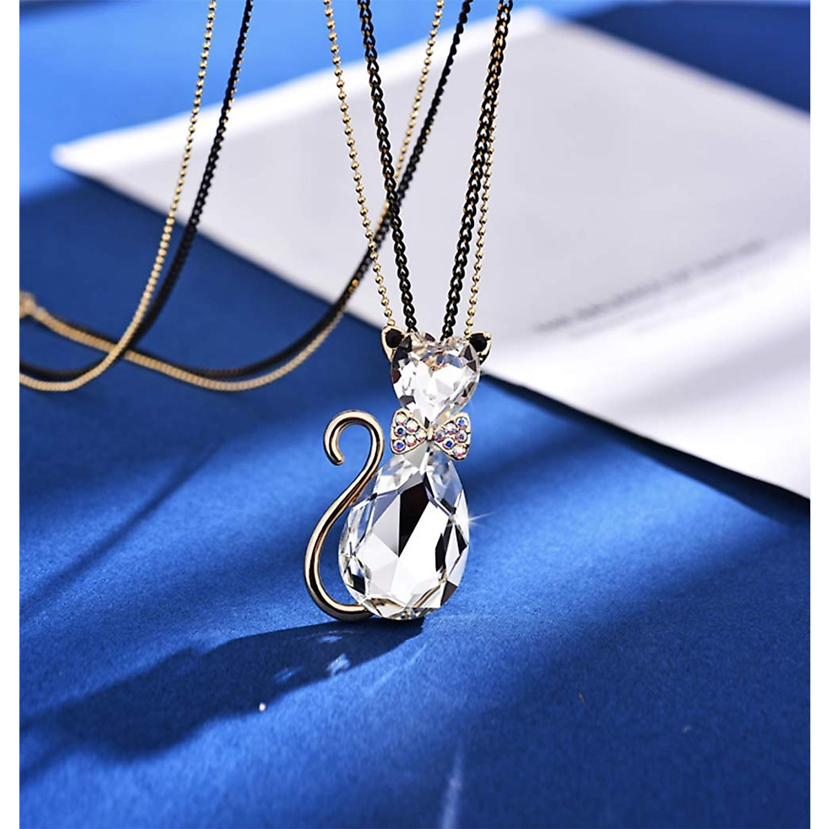 Rigant Gold Plated Heart Cut & Teardrop Swarovski Elements Crystal Bow Tie Cat Animal Pendant Long Chain Necklace
