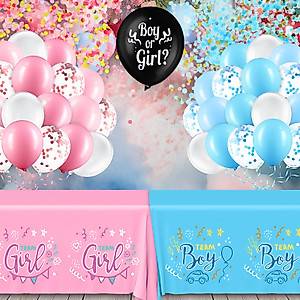 Panelee 51 Pcs Gender Reveal Party Decorations 54'' x 108'' Disposable Tablecloth 12'' Pink Blue White Latex Balloons 18'' Black Boy or Girl Balloons with 16.4ft Blue and Pink Ribbon for Party