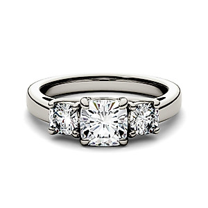 14K White Gold Moissanite by Charles & Colvard 6mm Cushion Trellis Three Stone Engagement Ring-size 8.5 1.76cttw DEW