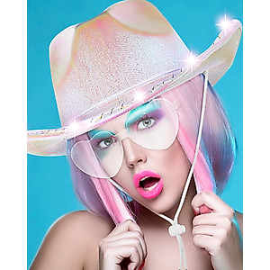 Jecery 12 Pcs Light Holographic Space Cowgirl Hat and Heart Shape Sunglasses LED Rave Cowboy Hat Rimless Heart Sunglasses for Teens Adult Party, White