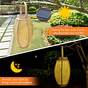 Hanging Solar Lanterns Outdoor - Solar Powered Rattan Woven Table Lamp with Warm Yellow LED Light Garden Decorative Hanging Lanterns for Patio Yard Garden Home Pathway Decor