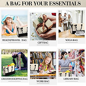 8 Pieces Canvas Tote Bag Black and White Bag with Shoulder Strap Zipper Opening Inner Side Pockets Grocery Totes for Women Work Daily Travel Birthday Bridesmaid Gifts DIY Bag