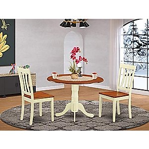 East West Furniture DLAN3-BMK-W 3 Piece Dinette Set for Small Spaces Contains a Round Dining Table with Dropleaf and 2 Kitchen Dining Chairs, 42x42 Inch, Buttermilk & Cherry
