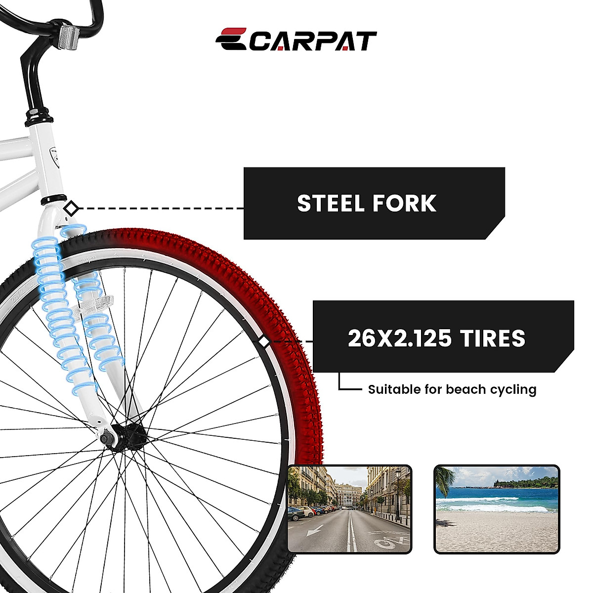 Toolmoo 26 Inch City or Beach Cruiser Bike Coaster Brake for Women Men White Free Return