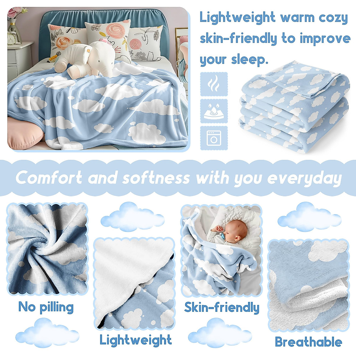 Cloud Blanket, Cloud Print Throw Blanket, Blue and White Gift for Girl and Boy, Lightweight Soft Cute Cloud Fleece Blanket for Sofa Chairs Bed 40" x 30" for Pet