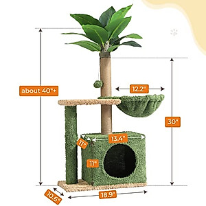 MSmask Cat Tree with Square Condo, Artificial Palm Tree Cat Tower with Sisal Scratching Post, Hammock, Plush Platform, Climbing Nature Cat Tree for Indoor Cats