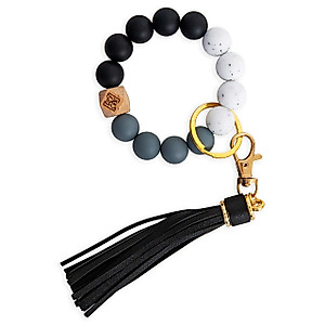 dizzy creek designs Silicone Key Ring Bracelet, Women Beaded Bangle Keychain Wristlet Leather Tassel (Black/Grey)
