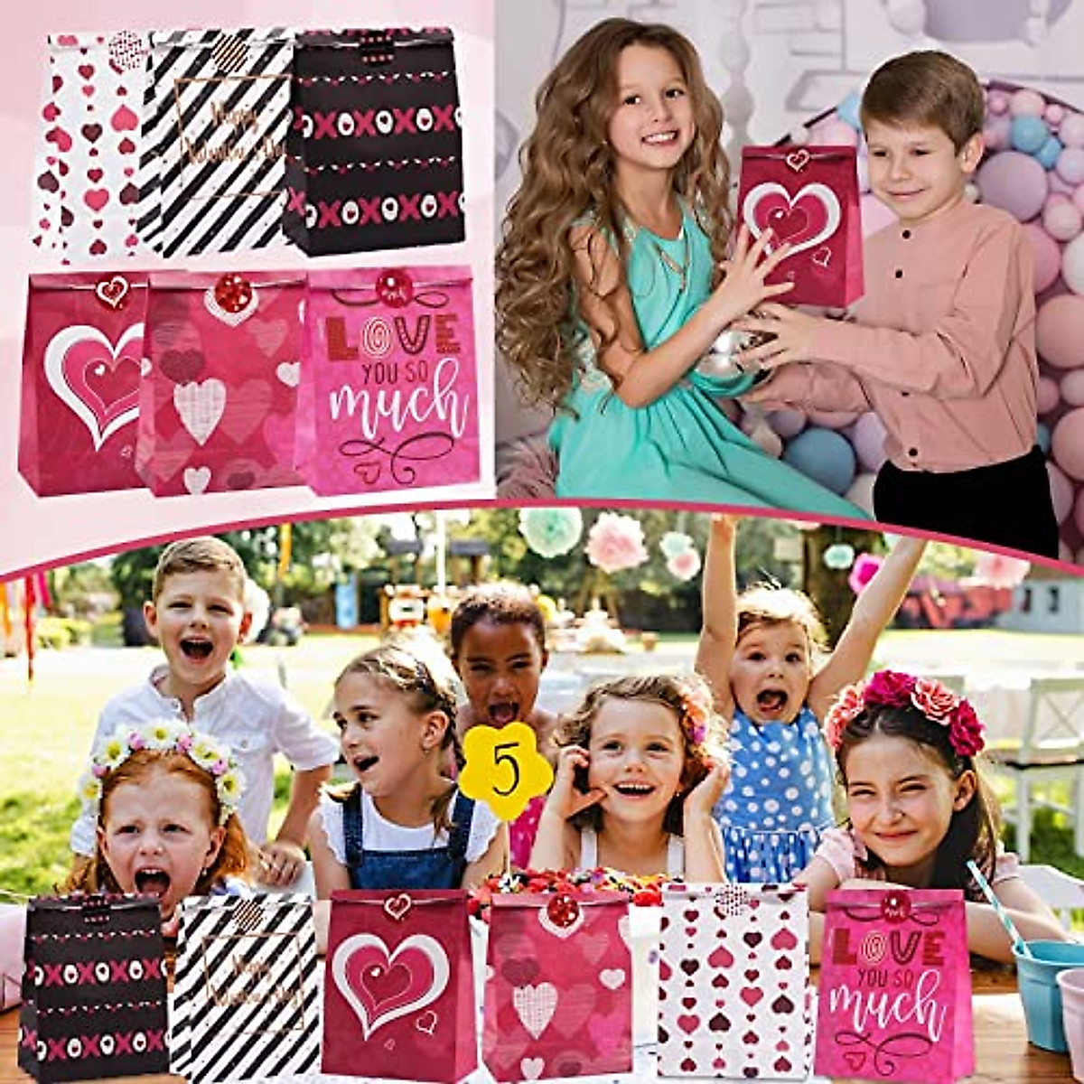 SCIONE 24 Pcs Valentines Day Gift Bags, Valentines Party Favors Bags with Stickers, Classroom Gift Exchange Giving Goody Bags Candy Treat Bags for Gift Wrapping