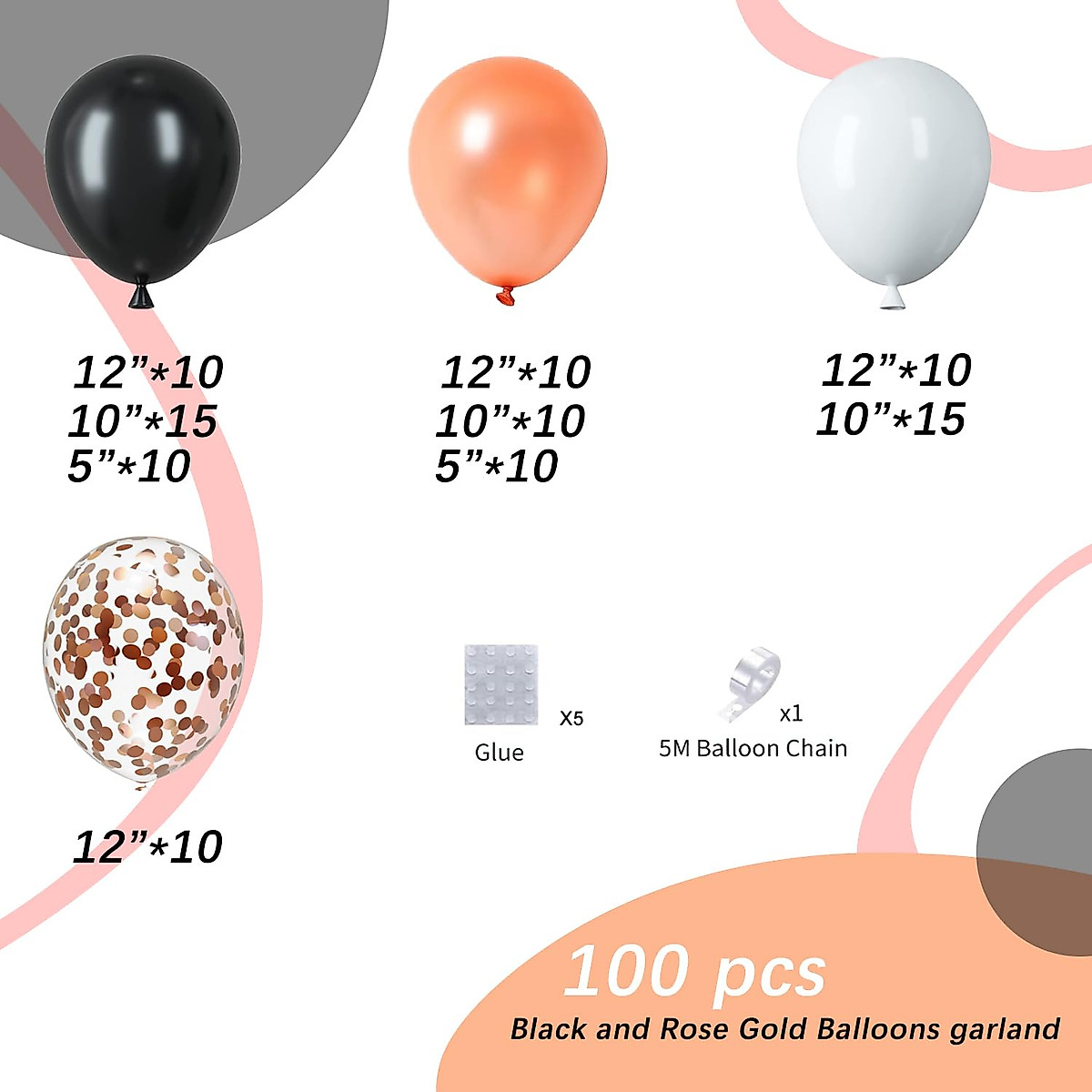 Rose Gold and Black Balloon Arch Garland Kit, 100pcs Rose Gold Black Balloons with Tape Strip & Dot Glue for Girl's Birthday Bridal Shower Mother's Day Wedding Graduation Prom Decorations Supplies