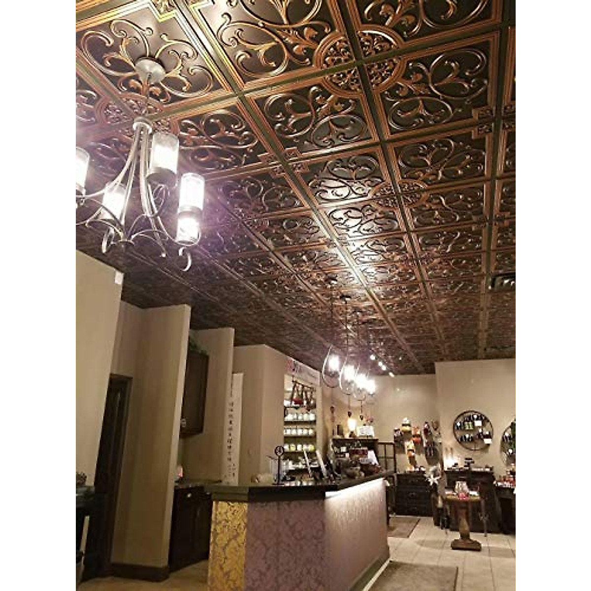 Lilies and Swirls-Faux Tin Ceiling Tile - Antique Copper 25-Pack