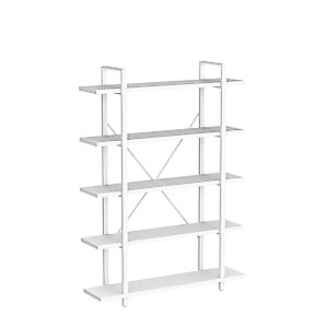 HSH 5 Tier Tall White Bookshelf, Metal and Wood Storage Book Shelves for Bedroom Living Room Office, Modern Large White Bookcases and Bookshelves 5 Shelf, Farmhouse Open Vertical Display Book Shelf