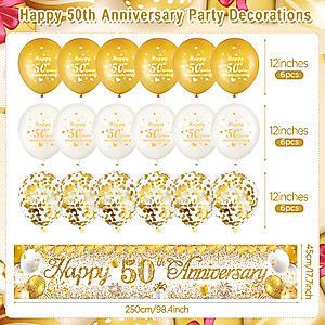 50th Wedding Anniversary Decorations White Gold Happy 50th Anniversary Yard Banner and 18Pcs 50th Golden Wedding Anniversary Balloons for 50th Golden Wedding Anniversary Party Decorations