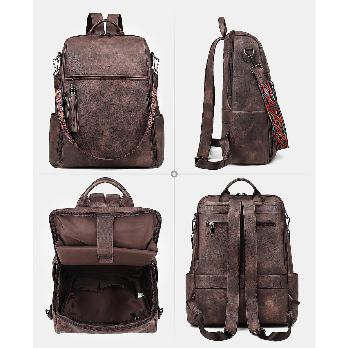 FADEON Laptop Backpack Purse for Women Large Designer PU Leather Laptop Bag, Ladies College Book Bag Shoulder Bags