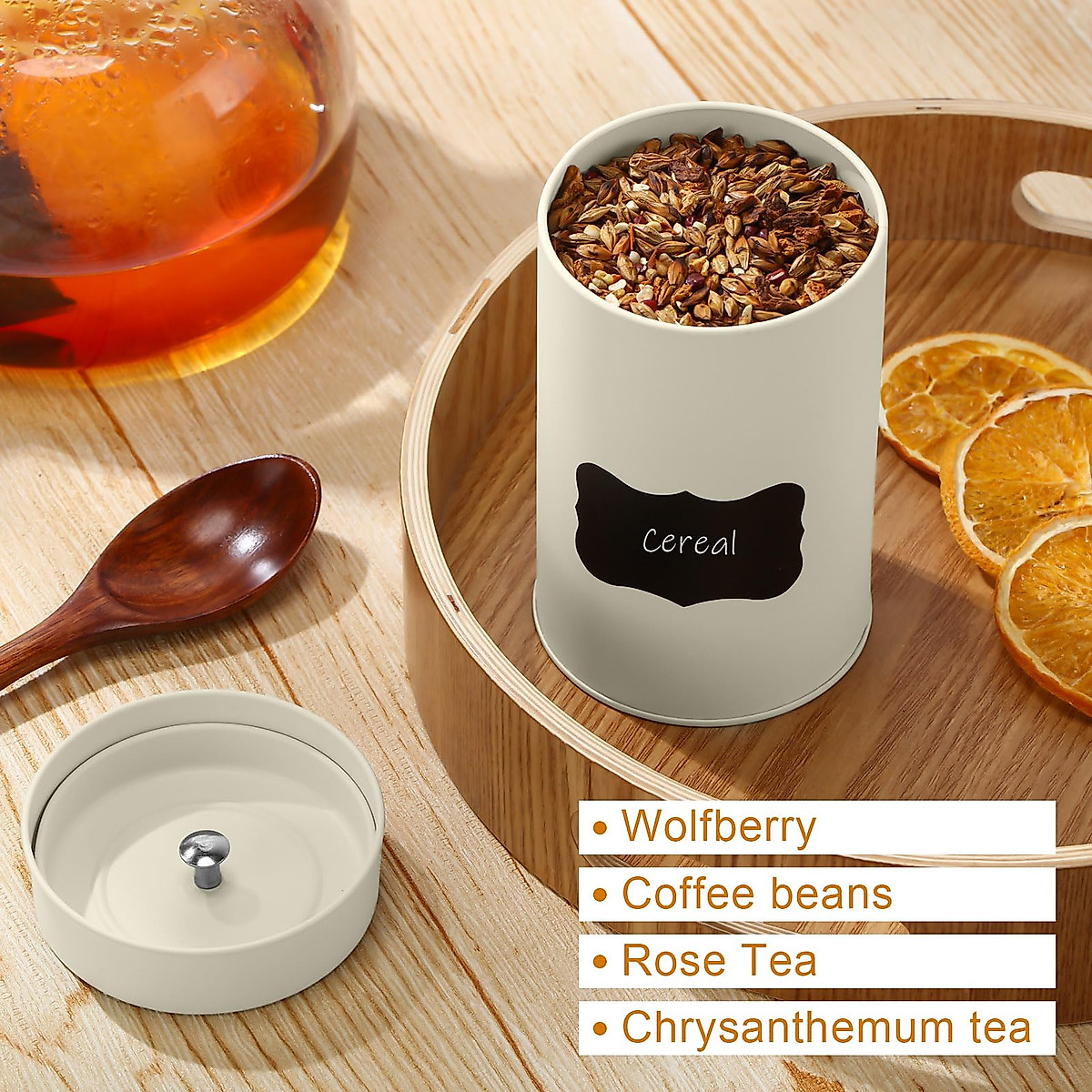 Roshtia 10 Pack Tea Tin Canister Round Metal Containers for Tea Airtight Canisters Double Seal Tea Canisters Set with Label Stickers Pen for Loose Tea Coffee Sugar Candy Herbs Storage Kitchen, Beige