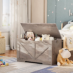 HOOBRO Storage Bench, 29.5” Retro Wooden Storage Chest with U-Shaped Cut-Out Pull, Safety Hinge, Supports 220 lb and Easy Assembly for Toy Box Organizer (Greige) BG77CW01