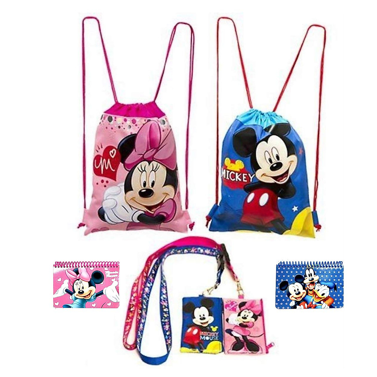 Disney Mickey and Minnie Mouse Drawstring Backpacks Plus Lanyards with Detachable Coin Purse and Autograph Books (Set of 6) (Pink - Dark Blue)