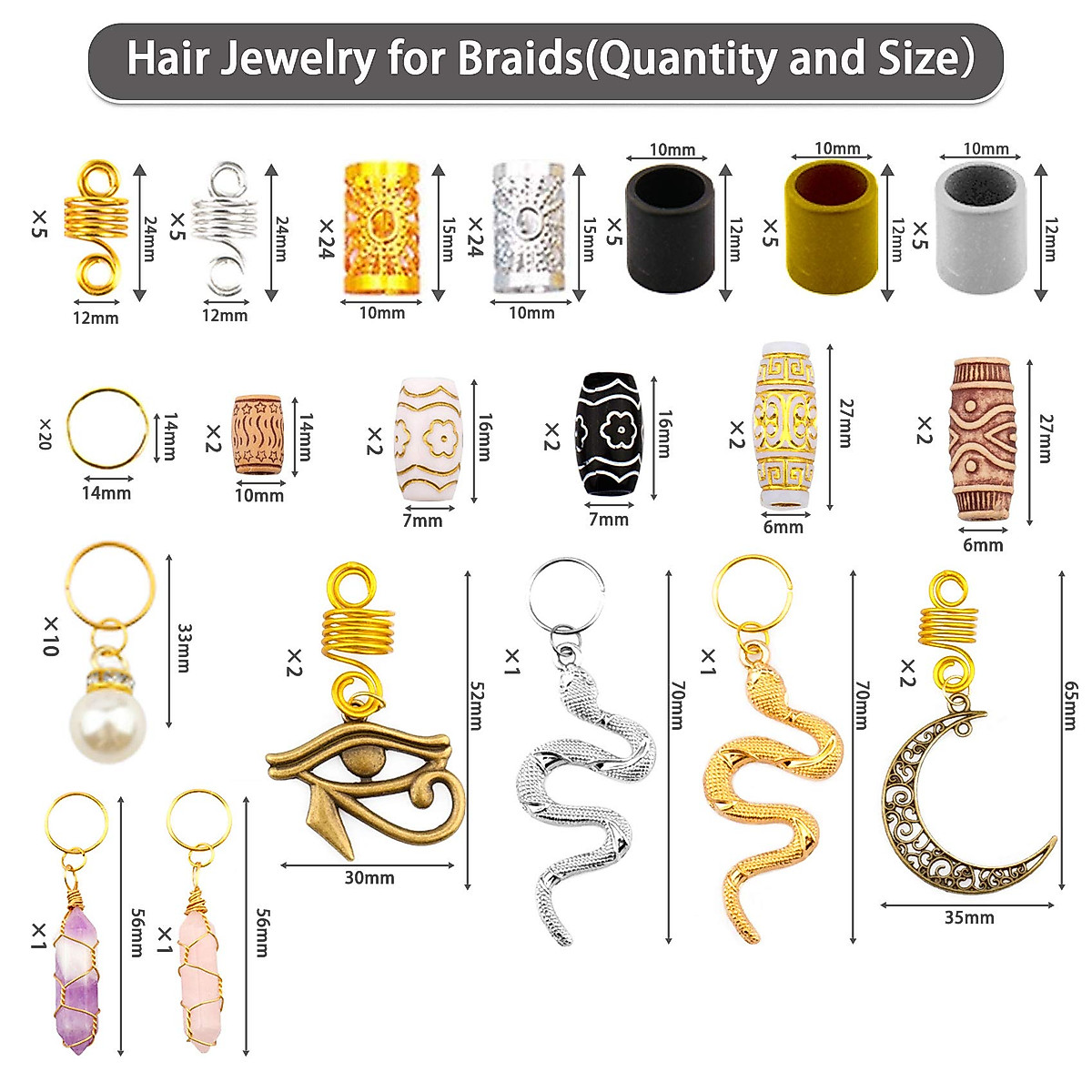 Messen 121Pcs Dreadlocks Jewelry Crystal Wire Wrapped Loc Adornment Imitation Wood Beads Braid Accessories Hair Cuffs Beard Tube Beads Pearl Pendants for Braids Hair Clip Decoration