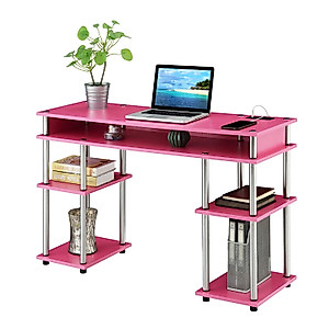 Convenience Concepts Designs2Go No Tools Student Desk with Charging Station and Shelves, Pink