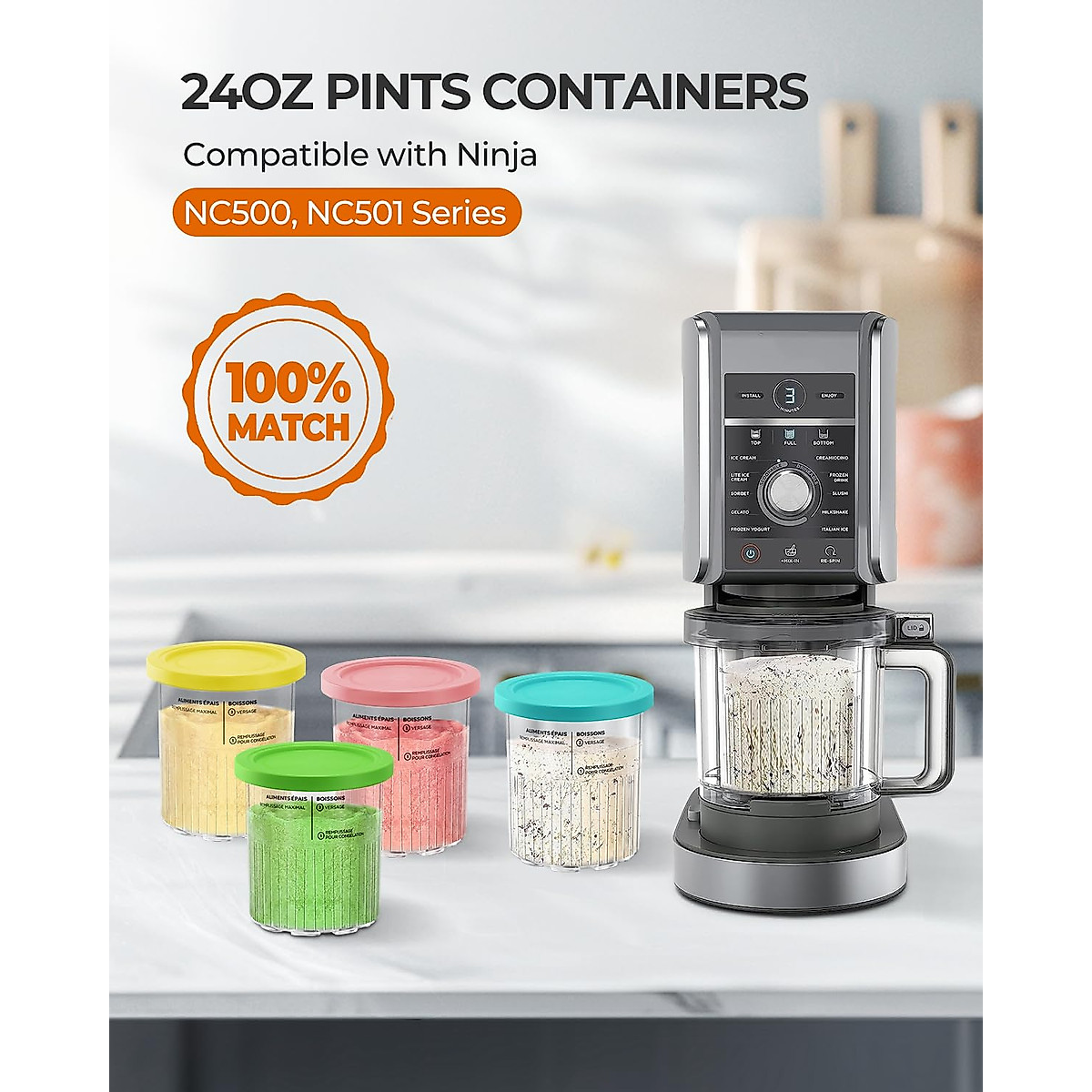 Northmas For Ninja Creami Deluxe Pints and Lids - 4 pack, 24oz XL Ninja Creami Deluxe Pint Containers Compatible with 11-in-1 NC500 NC501 Series Ice Cream Maker, Dishwasher Safe, BPA Free