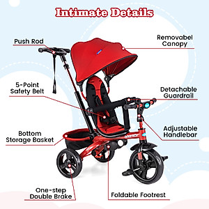 INFANS Kids Tricycle, 6 in 1 Stroll Trike with Adjustable Push Handle, Removable Canopy, Retractable Foot Plate, Lockable Pedal, Detachable Guardrail, Suitable for 10 Months to 5 Years (Red)