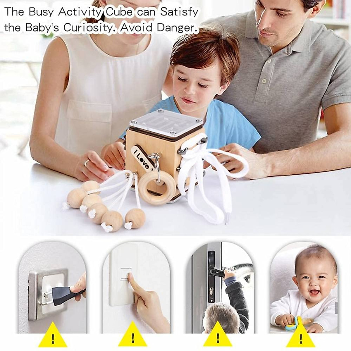 FIMIJORY Busy Cube for Toddlers 1-3 Year Old, Wooden Travel Toys for Toddlers, Busy Activity Board, Preschool Learning Toy, Lacing Beads Puzzles, 6in1 Learn to tie Shoes Toy Boys Girls