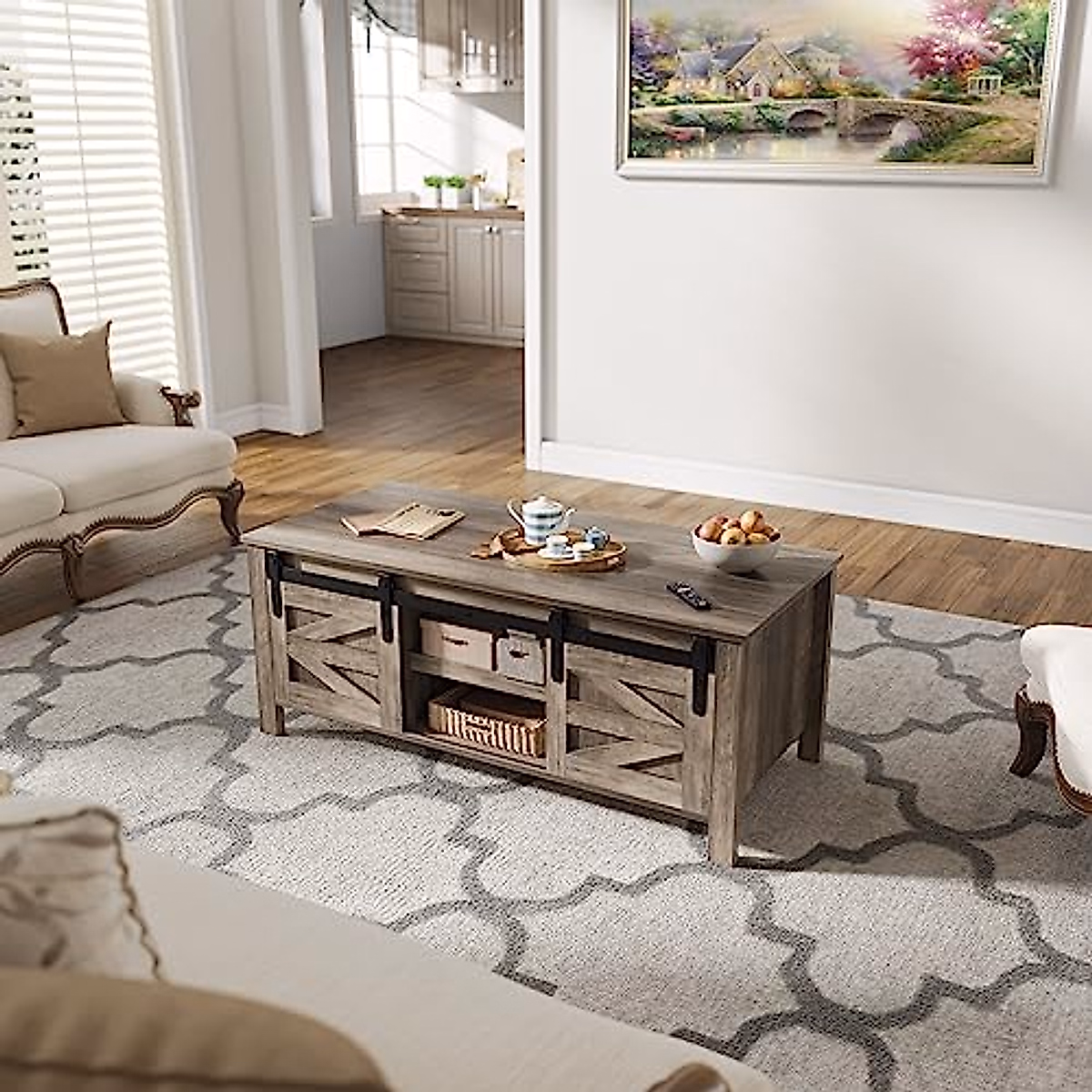 Furmax Coffee Table with Storage and Sliding Barn Doors, Farmhouse Living Room Table with Adjustable Shelves, Wood Rustic Center Table for Home Living Meeting Room (Light Rustic Oak)
