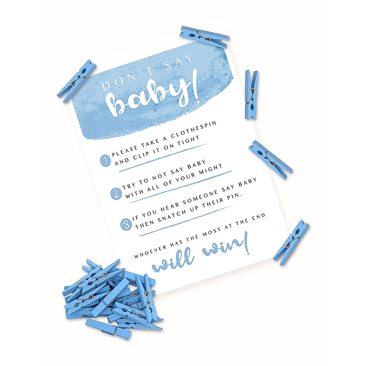 Don't Say Baby Game for Boy with Blue Natural Wooden Clothespins for Baby Shower Pins Game and Cute 5 x 7 Sign - 30 People - by Shower Games & Co.