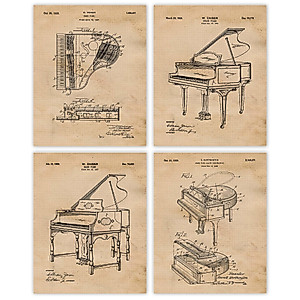 Vintage Piano Patent Prints, 4 (8x10) Unframed Photos, Wall Art Decor Gifts for Home Office Salon Studio Music Garage Shop College School Student Teacher Coach Prodigy Classical Sound Rock Roll Band