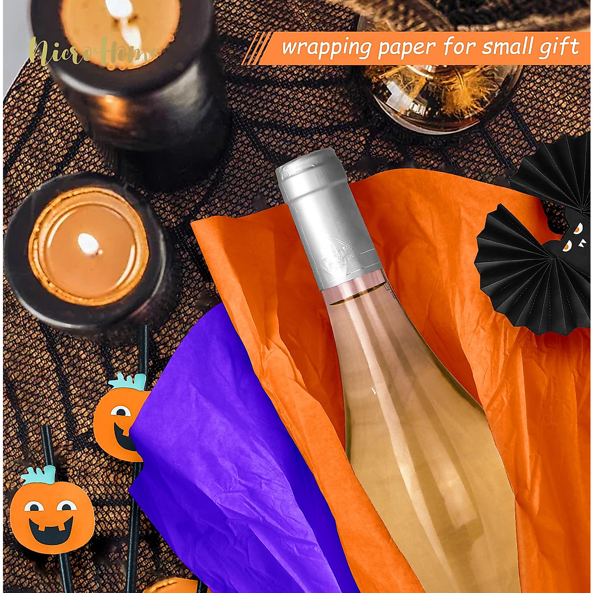 NICROHOME 24 Sheets Halloween Wrapping Paper in 4 Colors, 20 x 28Inch Dark Tissue Paper for Gift Bags, Box Wrapping, Wrapped Small Gifts, DIY Craft