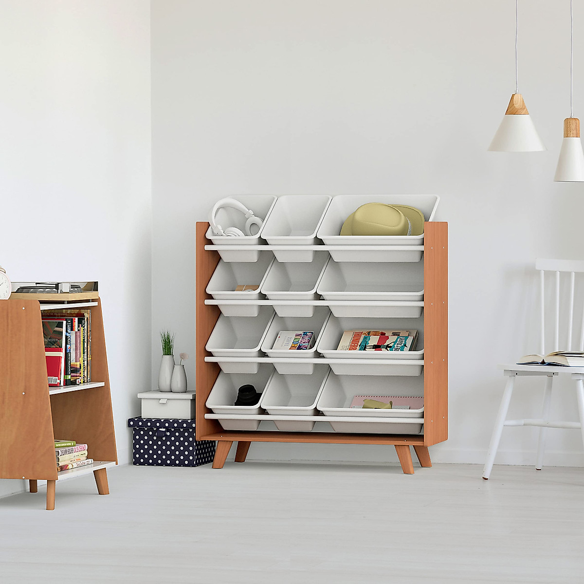 Humble Crew 12-Bin Toy Storage Mid-Century Organizer, Wood/White